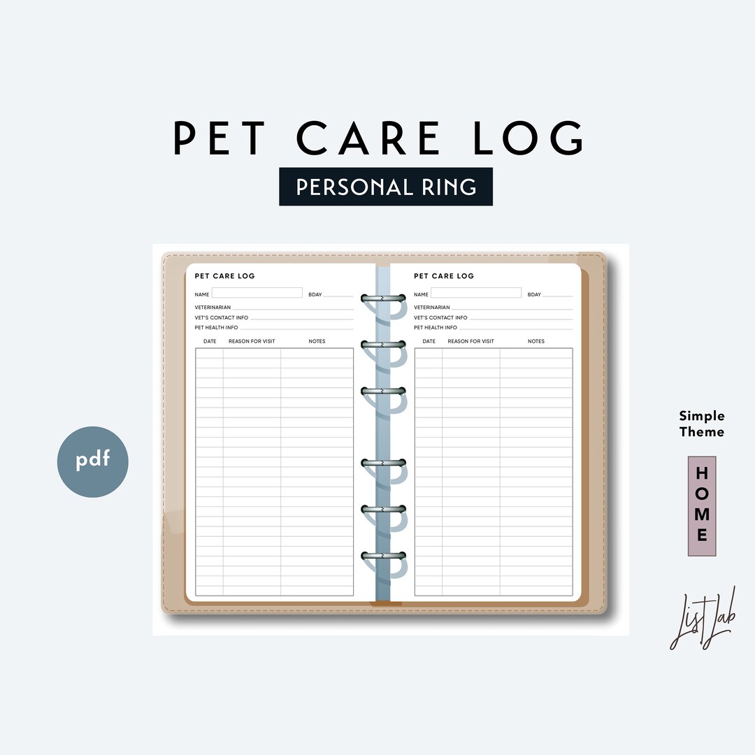 Personal Size PET CARE LOG - Printable Ring Planner Insert Pdf - Simple ...