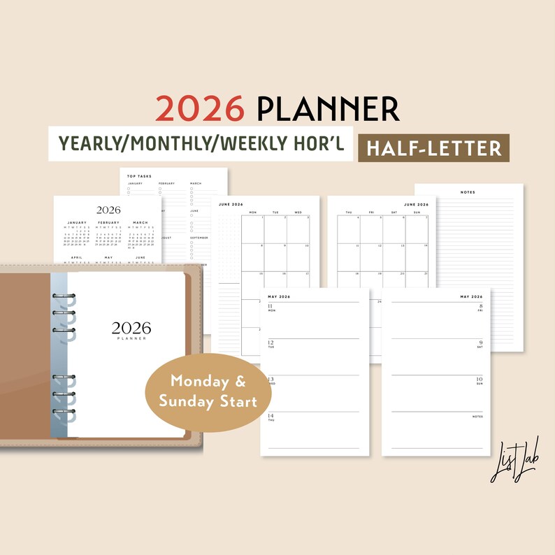 2026 HALF-LETTER Ring JUNIOR Disc Yearly Monthly Weekly Wo2p Horizontal ...