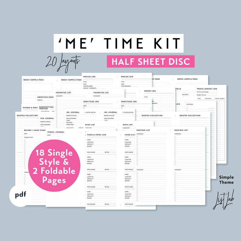 Half-sheet / Skinny Classic ME TIME KIT Printable Minimalist - Etsy