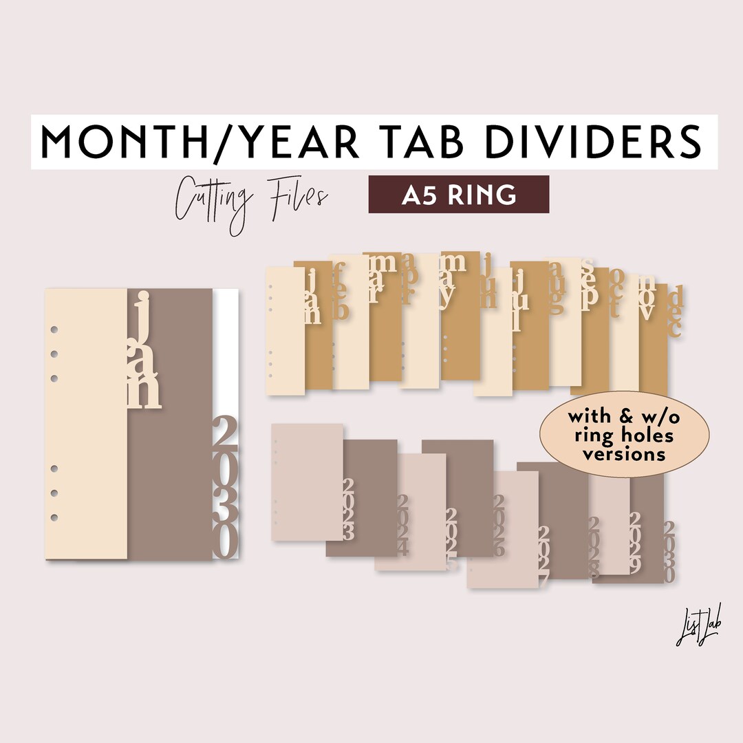 A5 Ring MONTH and YEAR Tab DIVIDERS Set Die Cutting Files Svg, Png, Pdf ...