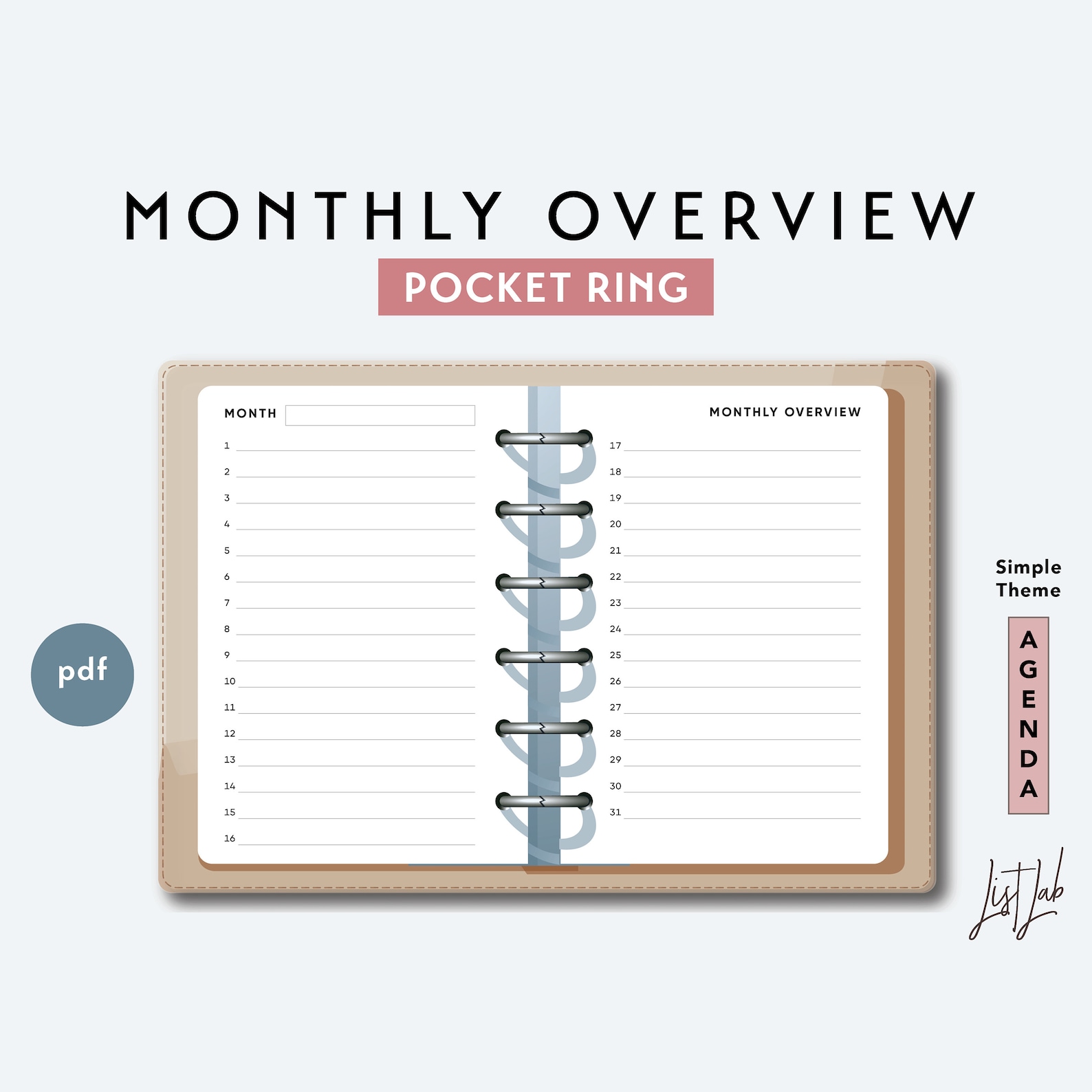 Pocket Ring MONTHLY OVERVIEW | Printable Minimalist Ring Planner Insert ...