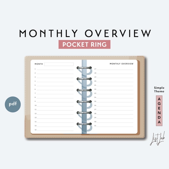 Pocket Ring MONTHLY OVERVIEW Printable Ring Planner Insert | Etsy