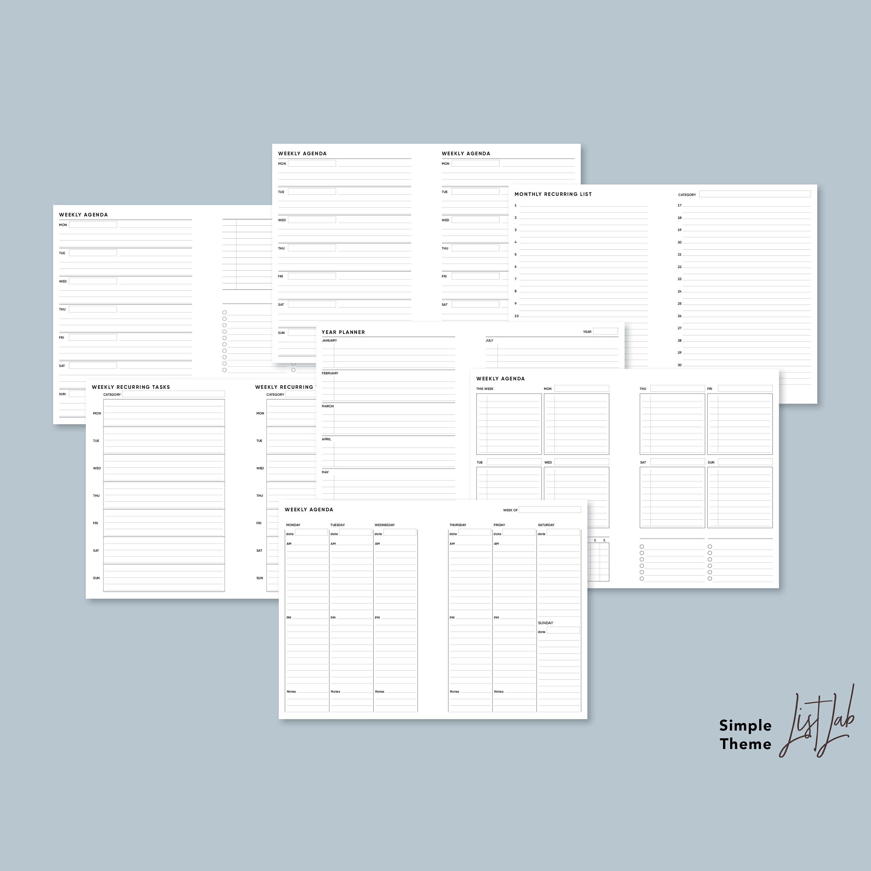 Personal Wide AGENDA KIT | Printable Minimalist Ring Planner Inserts ...