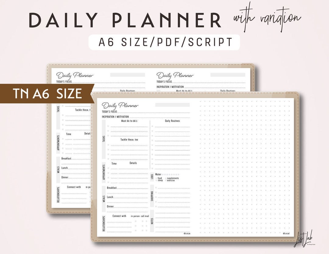 A6 TN Daily Planner With Variation - Printable Traveler's Notebook ...