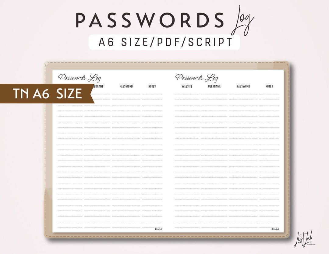 A6 TN Passwords Log - Traveler's Notebook Printable Insert PDF - Script ...