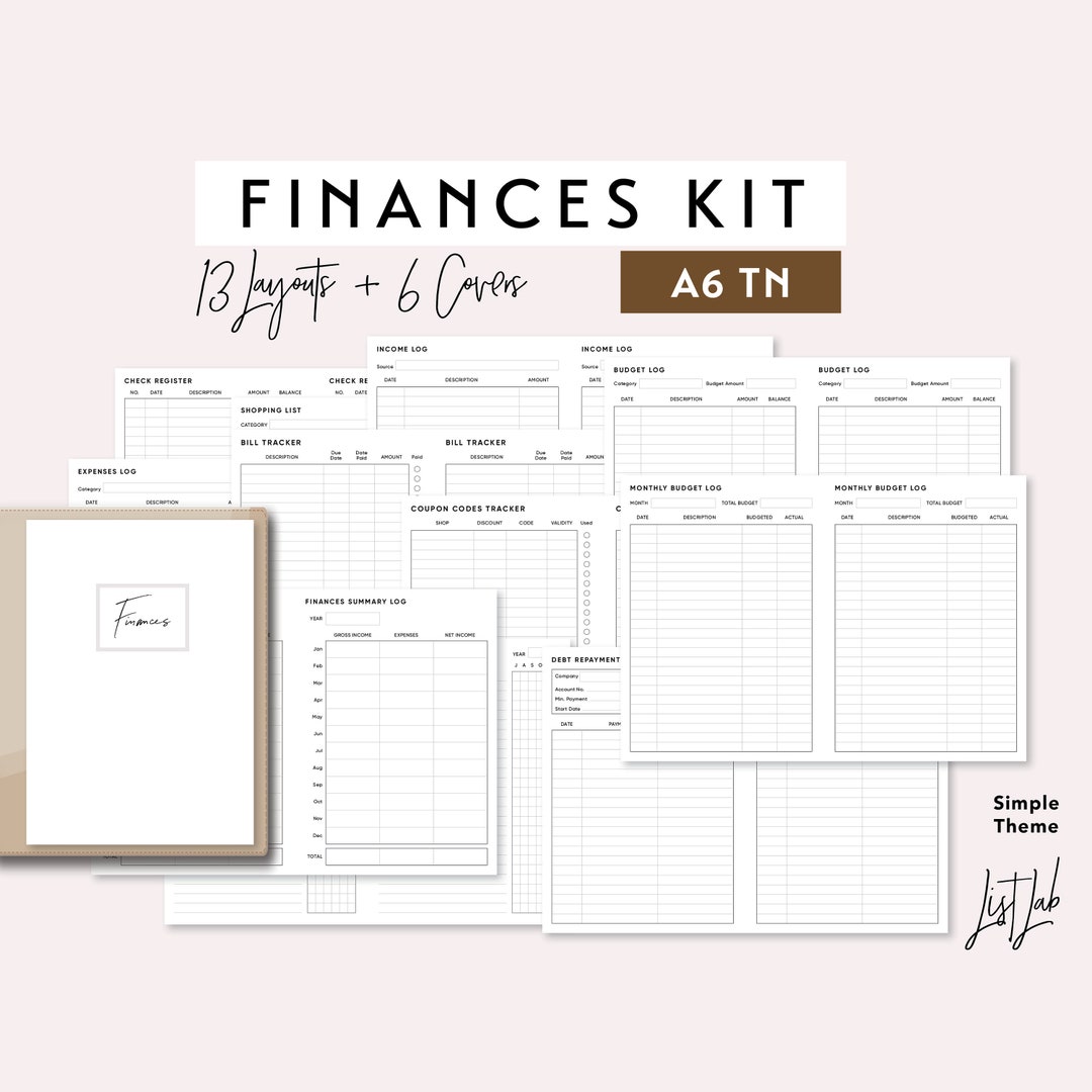 A6 TN FINANCES KIT | Printable Minimalist Ring Planner Inserts Set | Simple - 13 Layouts, Income ...