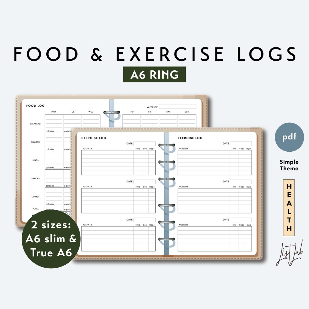 A6 Ring FOOD and EXERCISE Logs - Printable Ring Planner Insert Pdf - Simple Theme - Etsy