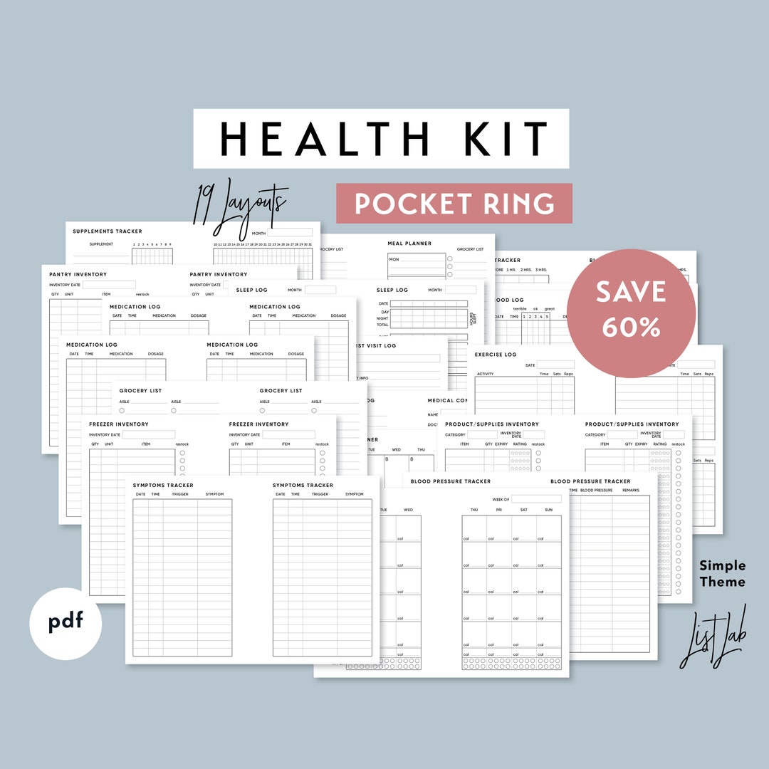 Pocket Size HEALTH KIT | Printable Minimalist Ring Planner Inserts Set ...