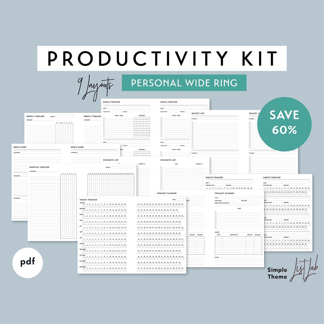 Personal Wide PRODUCTIVITY KIT | Printable Minimalist Ring Planner ...
