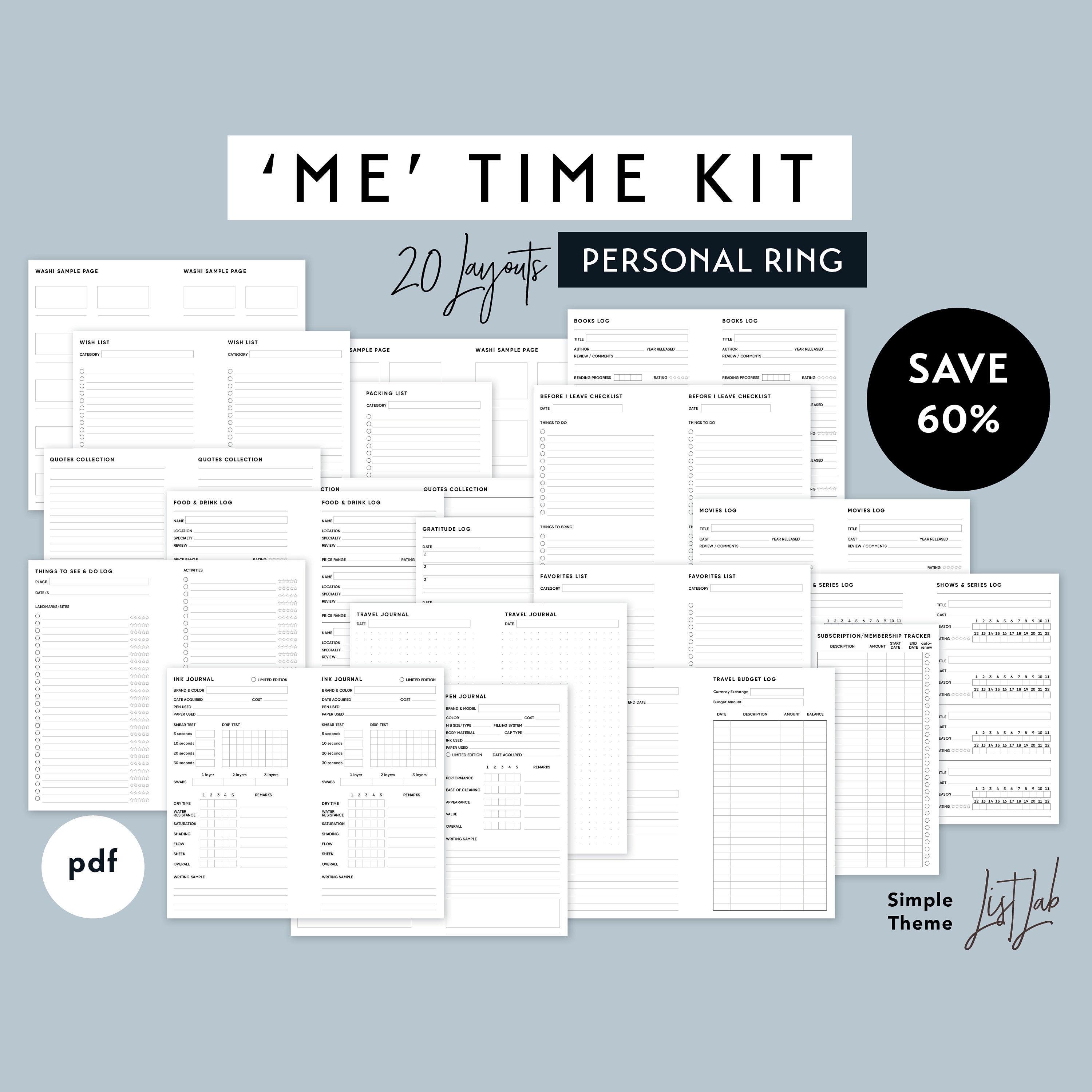 Simple Theme 20 layouts Printable pdf Personal Size ME TIME KIT for ...