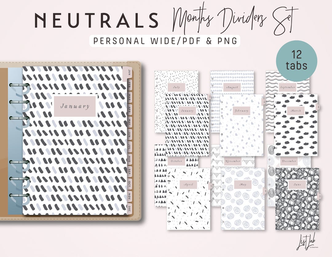 Personal Wide MONTHS Dividers Set - Printable PDF - Neutrals Theme ...