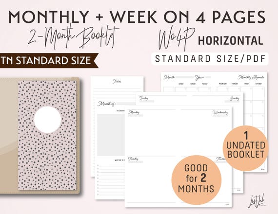STANDARD Size Monthly-week on 4 Pages Horizontal Printable - Etsy