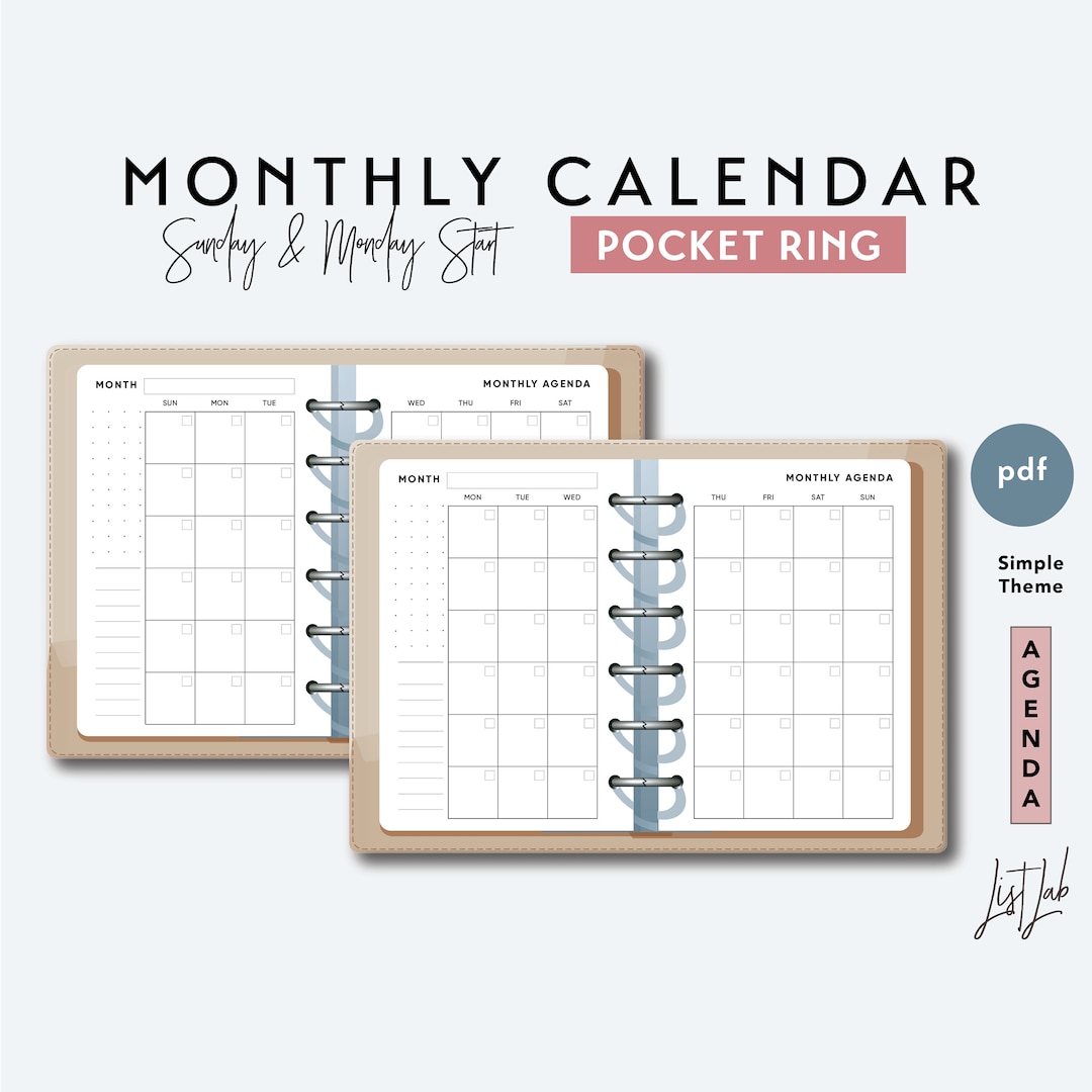 Pocket Ring MO2P Calendar | Month on 2 Pages | Printable Ring Planner ...