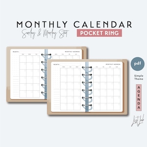 Pocket Ring MO2P Calendar | Month on 2 Pages | Printable Ring Planner ...