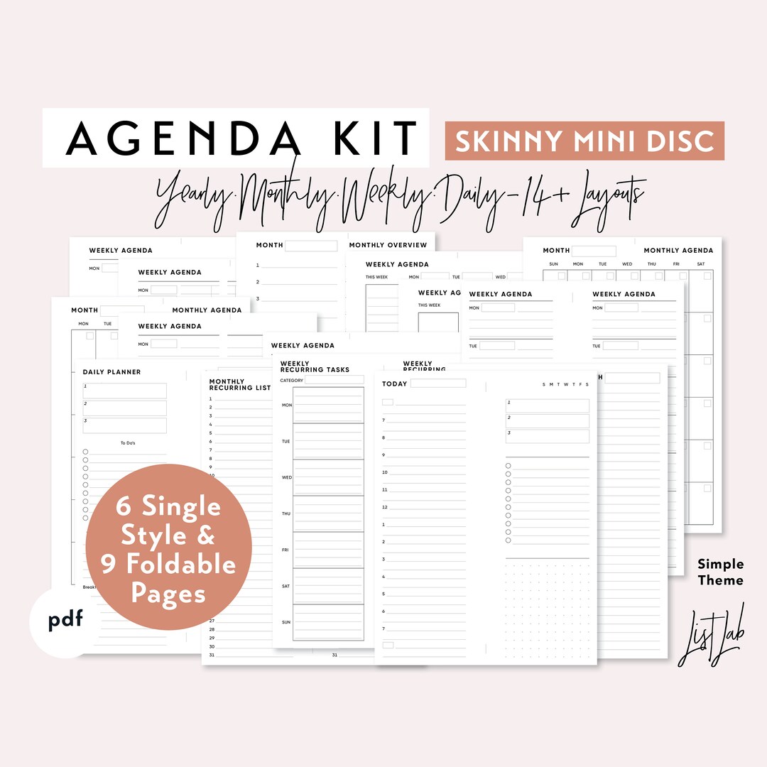 SKINNY Mini Disc AGENDA Kit | Printable Minimalist Discbound Planner ...