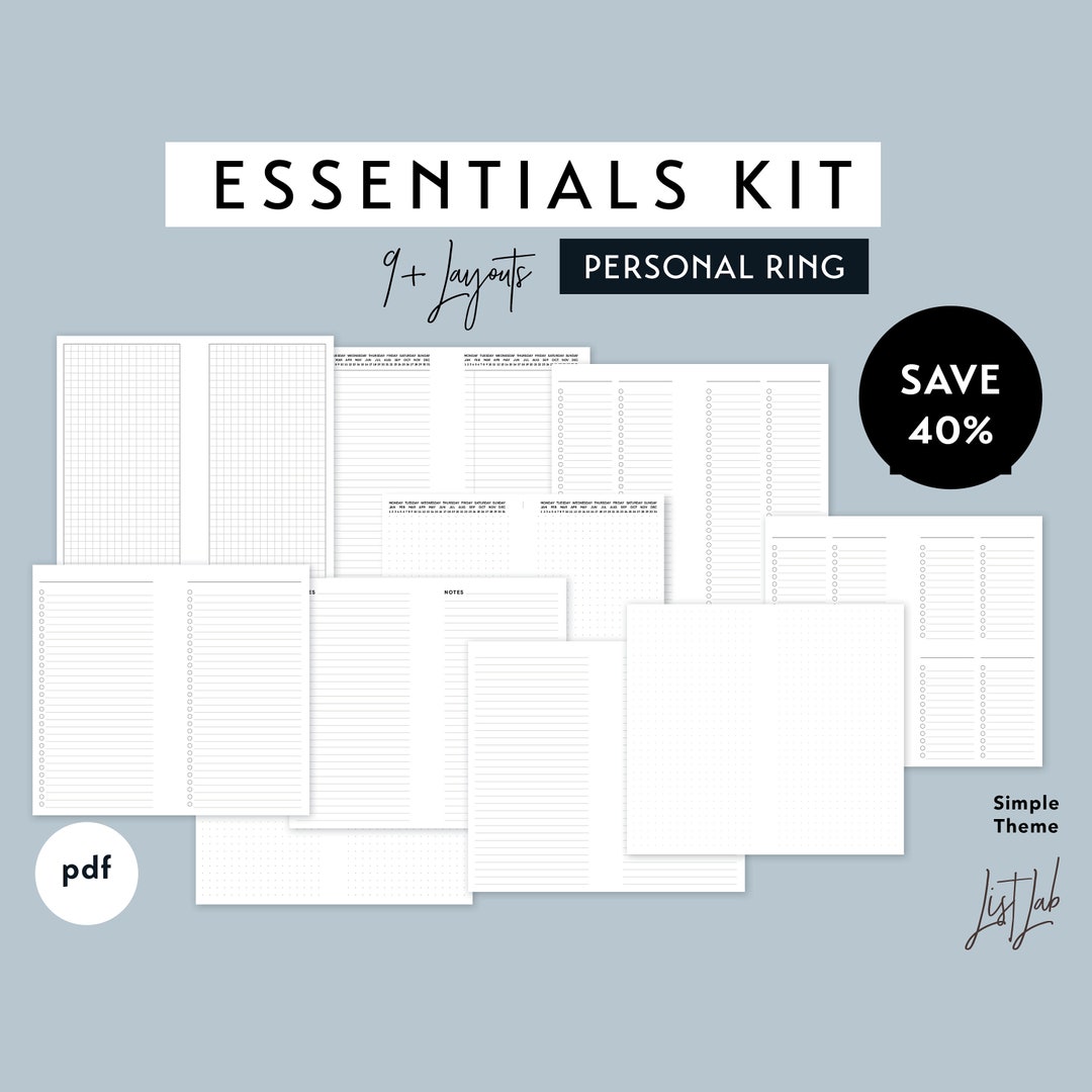Personal Size ESSENTIALS KIT | Printable Minimalist Ring Planner Insert ...