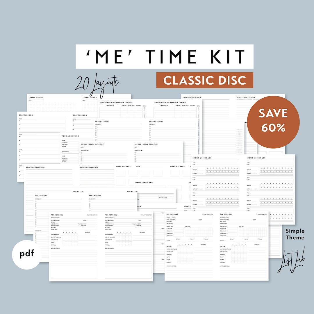 Classic Size ME TIME KIT Printable Minimalist Discbound Planner Inserts ...