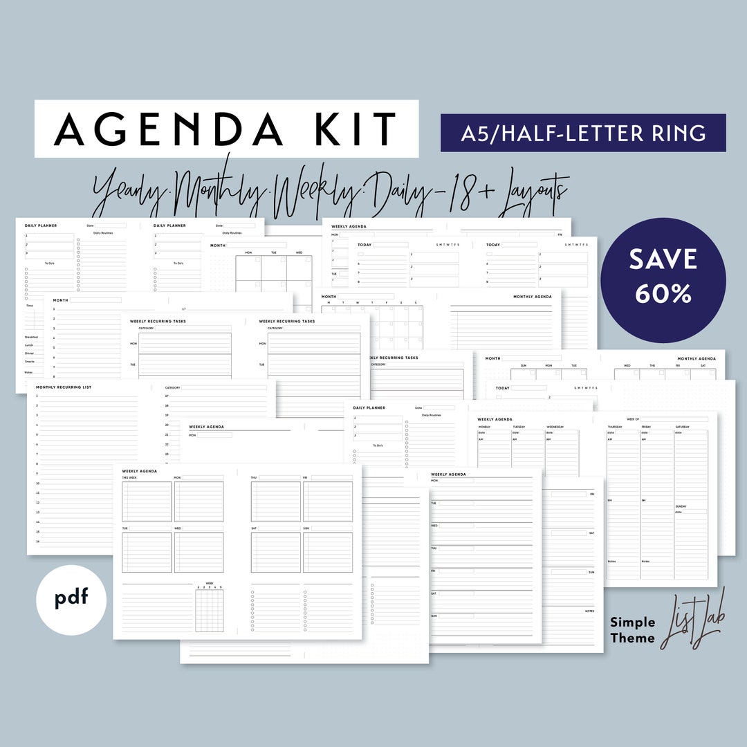 A5 Half-letter AGENDA KIT Printable Minimalist Planner - Etsy