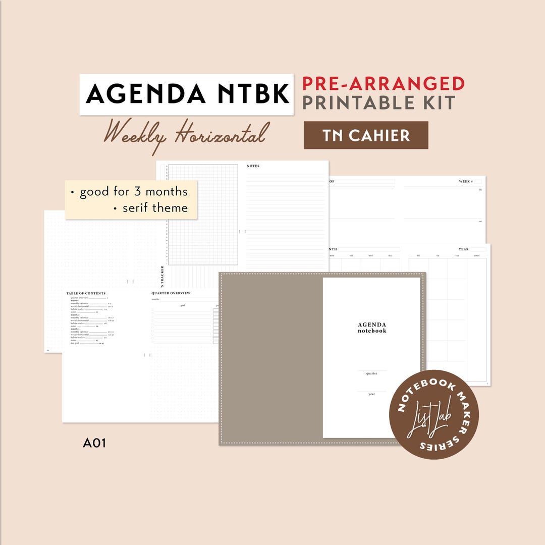 Cahier TN AGENDA Notebook Pre-arranged Printable Kit - Wo2p Horizontal ...