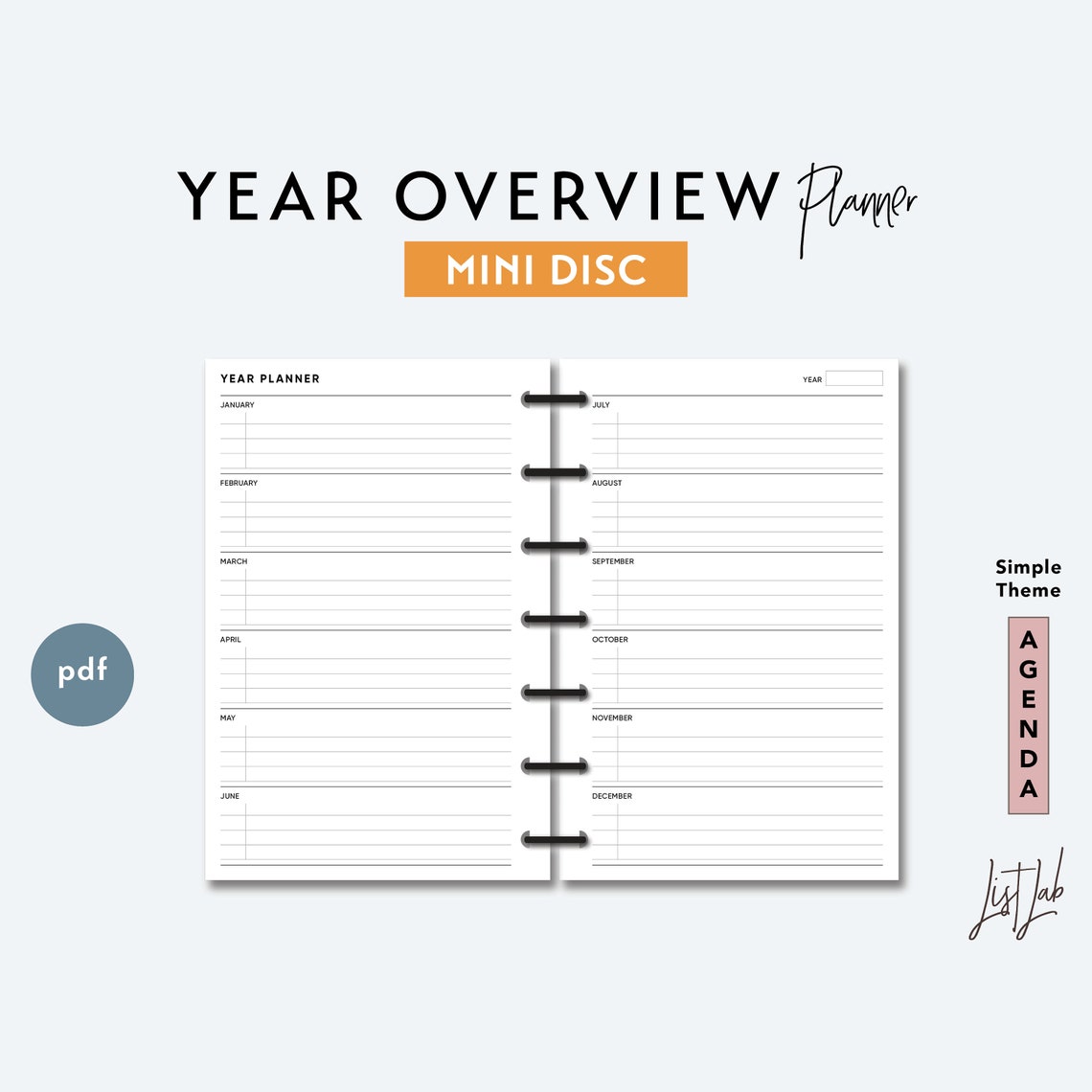 Mini Discbound YEAR OVERVIEW PLANNER | Printable Minimalist Discbound ...