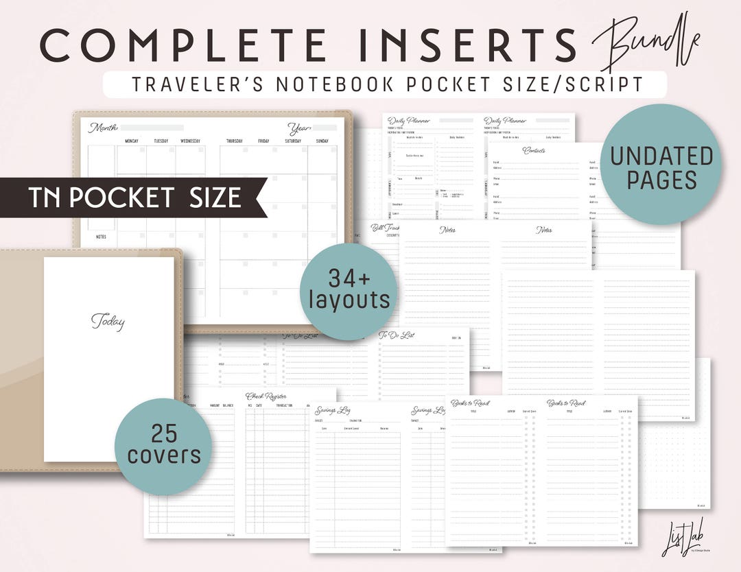 POCKET Size Traveler's Notebook COMPLETE Inserts Bundle - Printable PDF ...