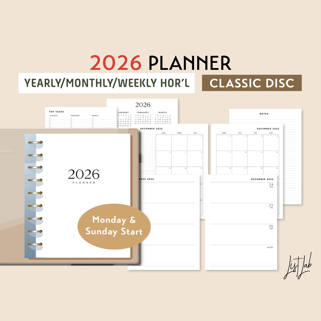 2026 CLASSIC Disc Yearly Monthly Weekly Wo2p HORIZONTAL Printable ...