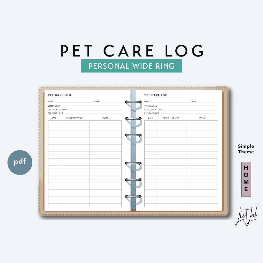 Personal Wide PET CARE LOG - Printable Ring Planner Insert Pdf - Simple ...