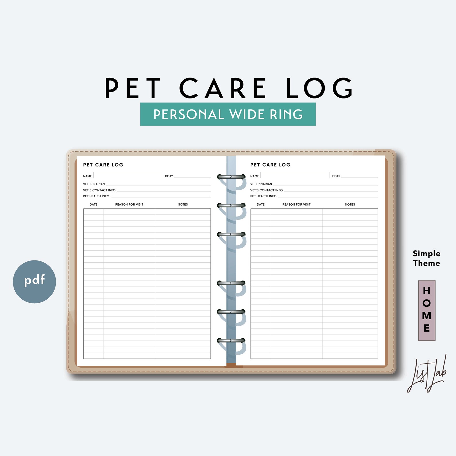 Personal Wide PET CARE LOG Printable Ring Planner Insert Pdf | Etsy
