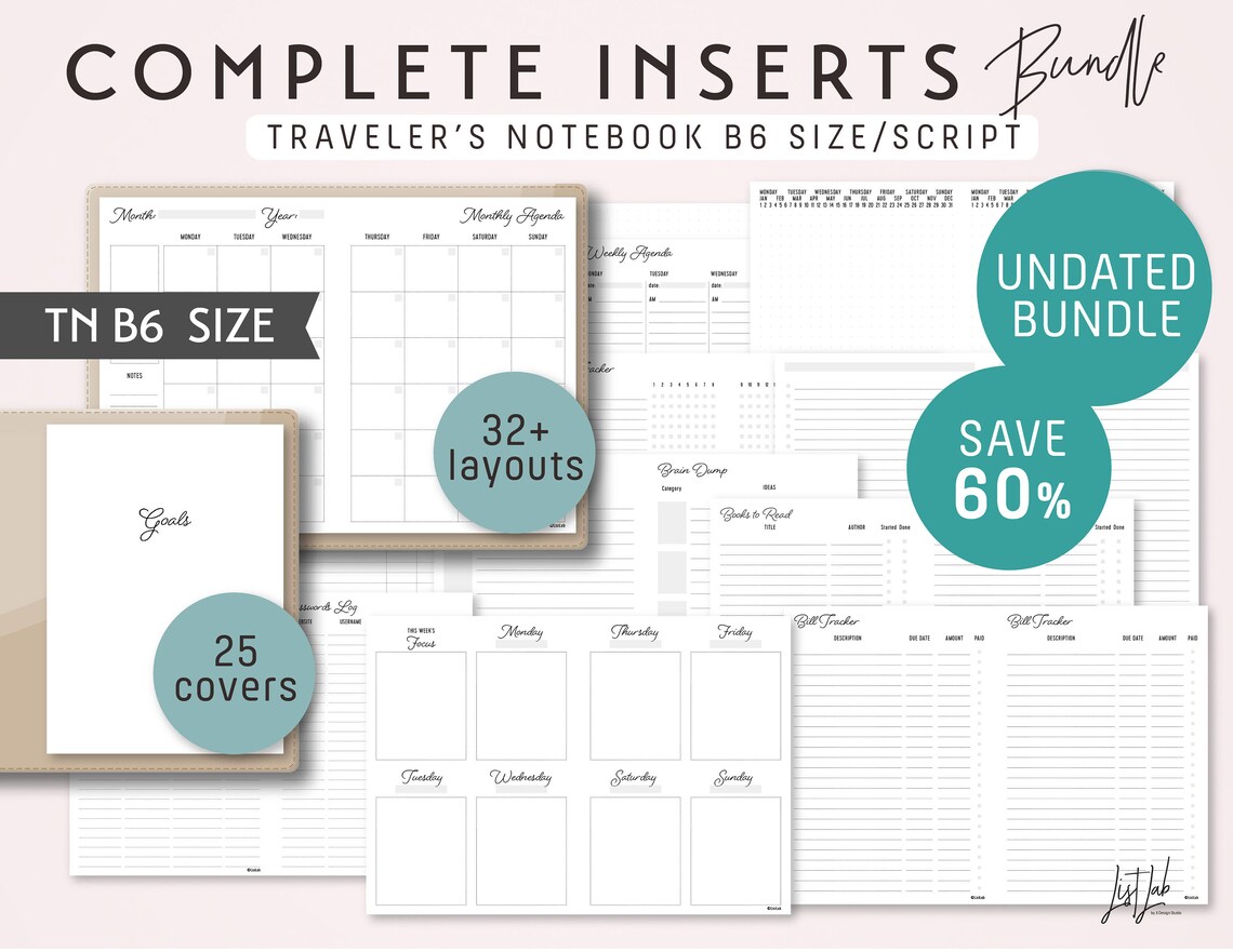 B6 Size Traveler's Notebook COMPLETE Inserts Bundle - Printable PDF ...