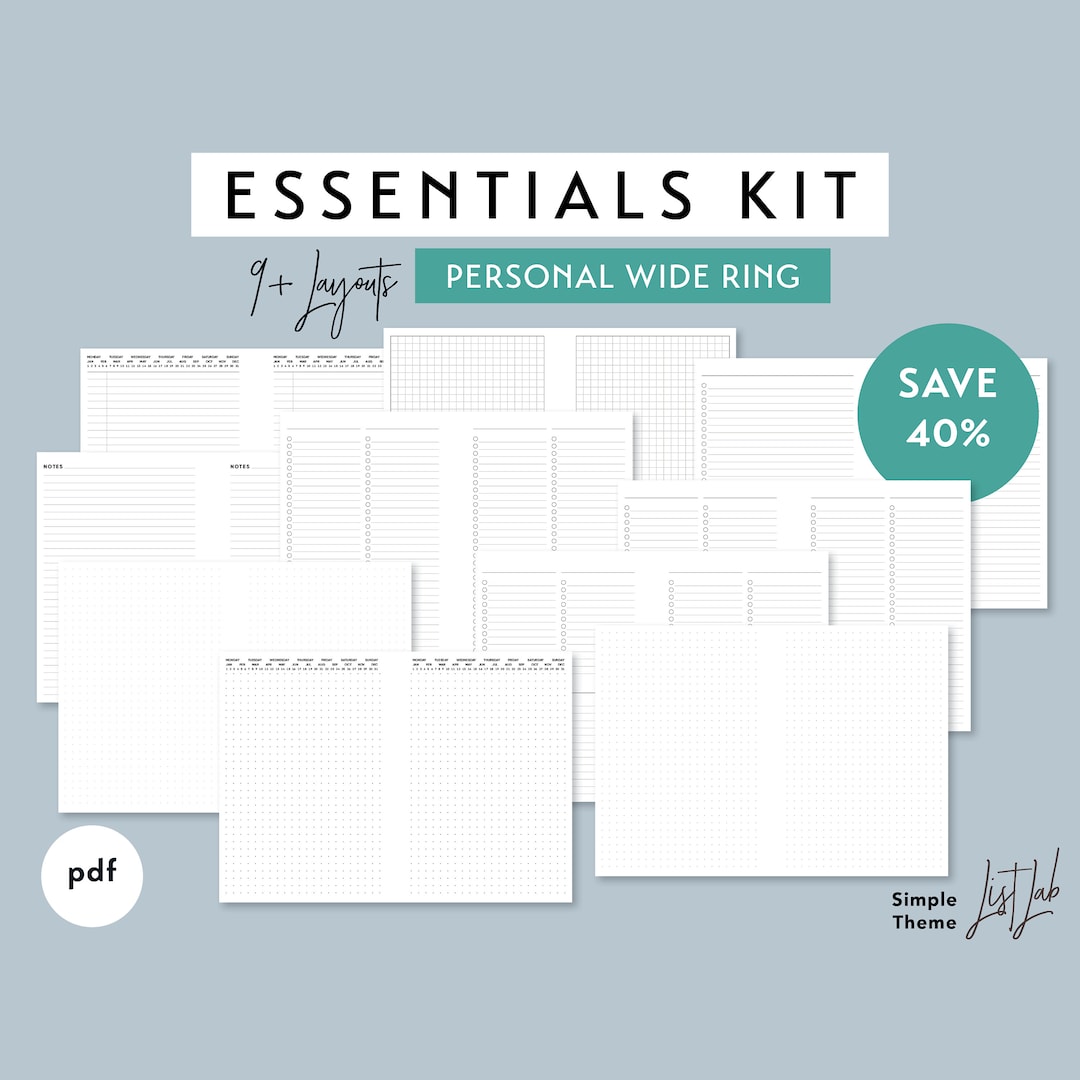 Personal Wide Size ESSENTIALS KIT | Printable Minimalist Ring Planner ...