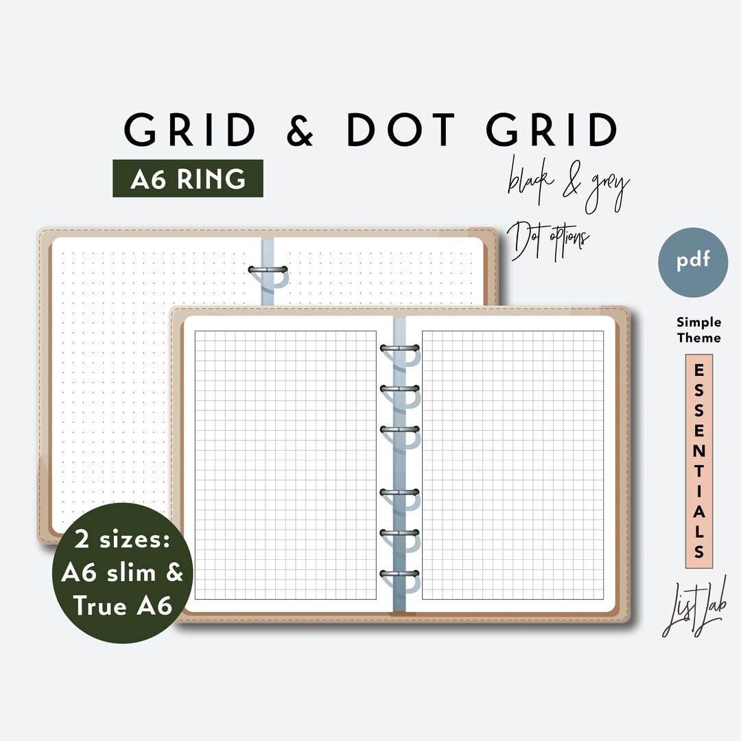 A6 Ring Grid and Dot Grid Pages Set - Printable Ring Planner Insert PDF ...