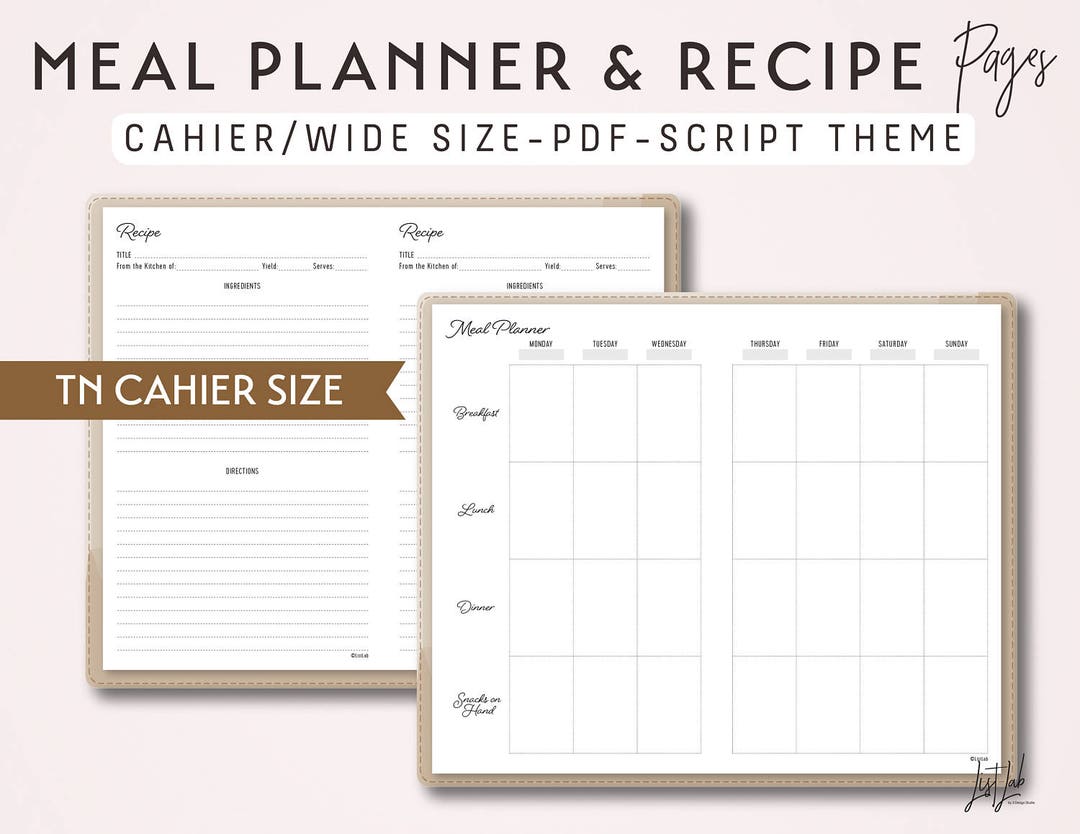CAHIER SIZE TN Meal Planner and Recipe Page Printable Traveler's ...