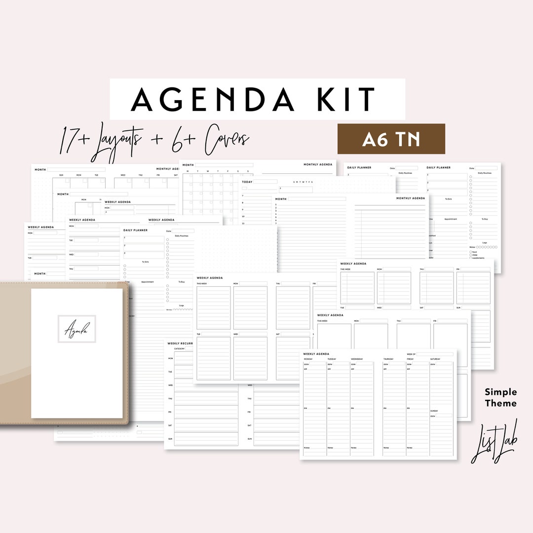A6 TN AGENDA KIT | Printable Minimalist Traveler's Notebook Inserts Set ...