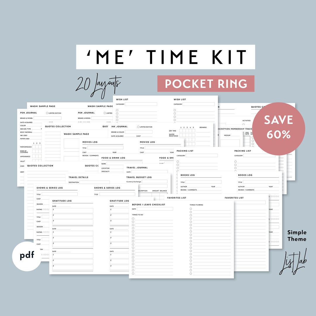 Pocket Ring ME TIME KIT | Printable Minimalist Ring Planner Inserts Set ...