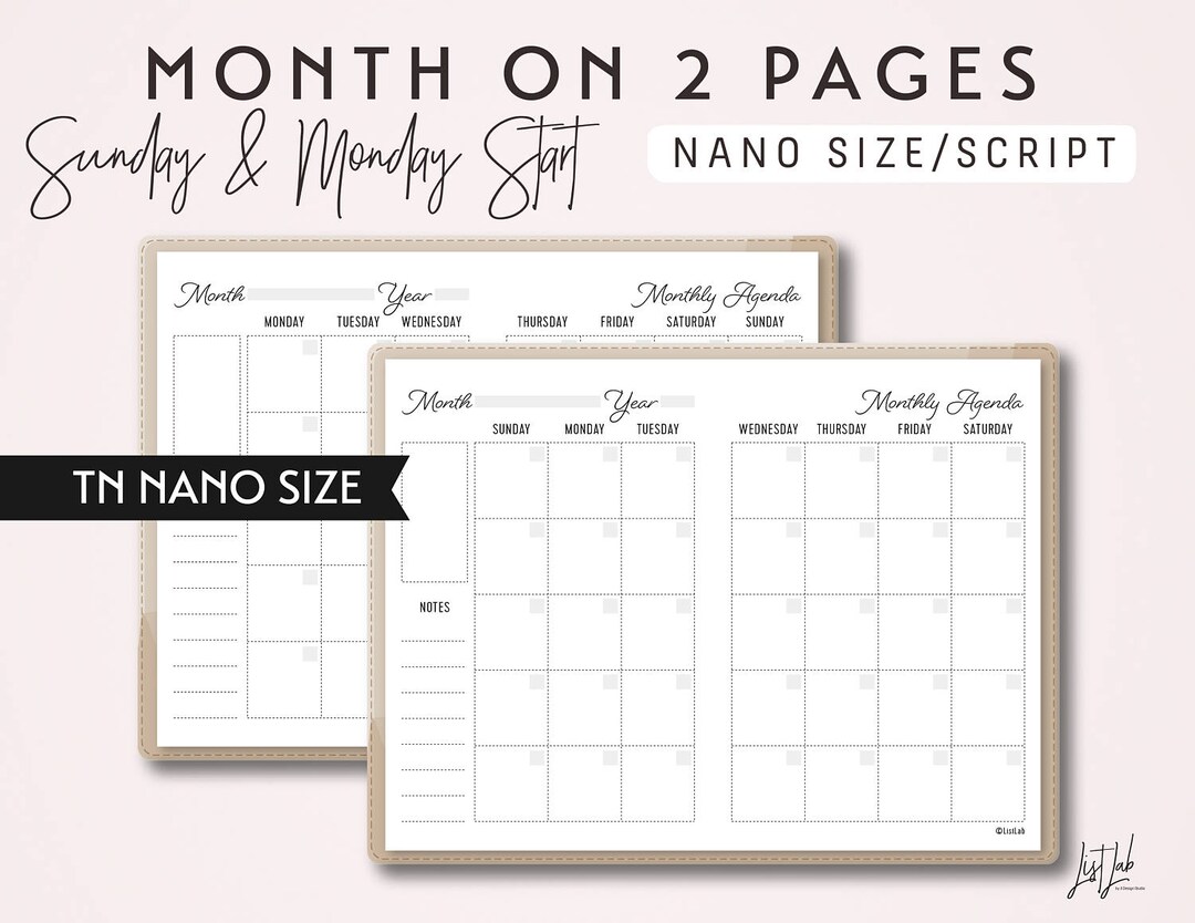 NANO Size TN Month on 2 Pages - Sunday Start and Monday Start ...