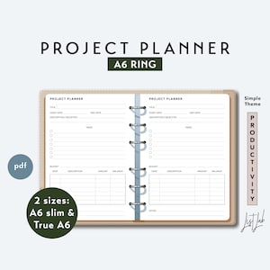 A6 PROJECT PLANNER - Printable Ring Planner Insert PDF - Simple Theme ...