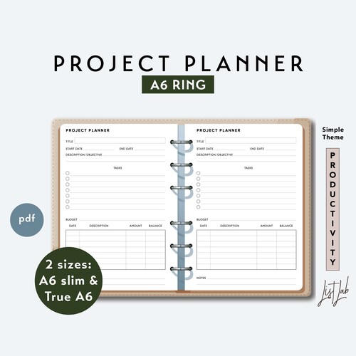 A6 PROJECT PLANNER Printable Ring Planner Insert PDF | Etsy