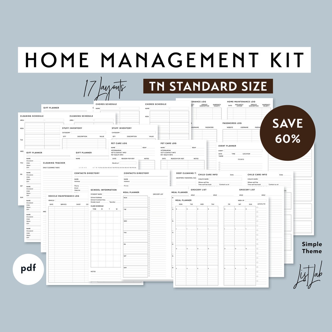 Standard Size HOME MANAGEMENT KIT for Traveler's Notebook - Printable ...