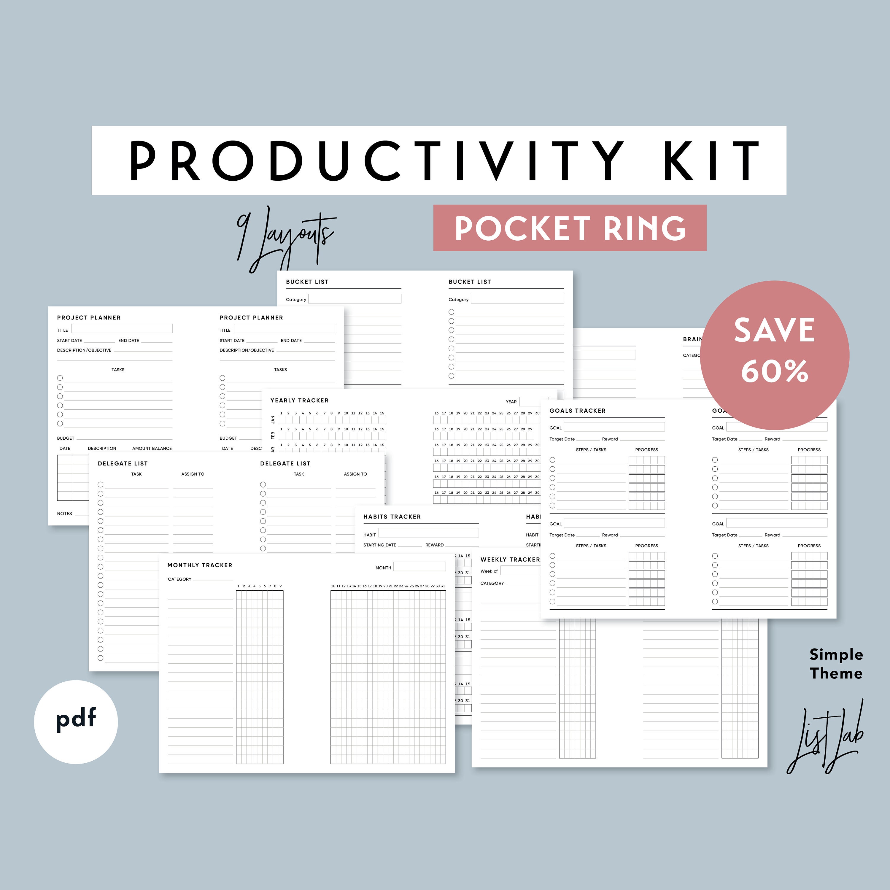 Pocket PRODUCTIVITY KIT Printable Minimalist Ring Planner - Etsy