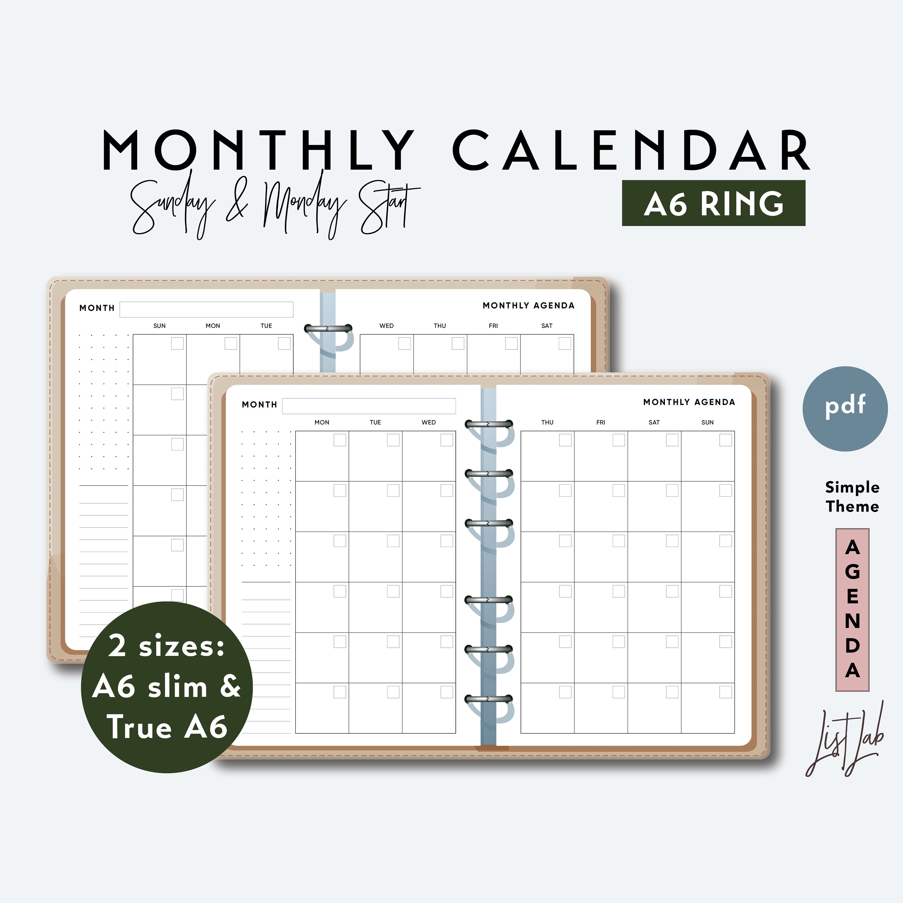 A6 Ring Month on 2 Pages Calendar - Printable Ring Planner Insert PDF ...