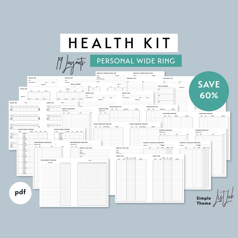 Personal Wide HEALTH KIT Printable Minimalist Ring Planner - Etsy