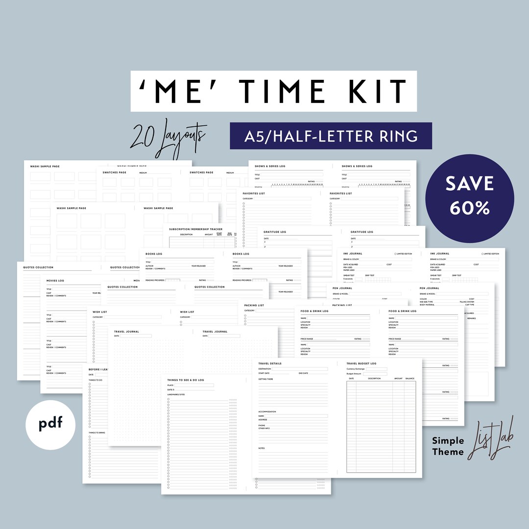 A5 Half-letter Ring ME TIME KIT | Printable Minimalist Ring Planner ...