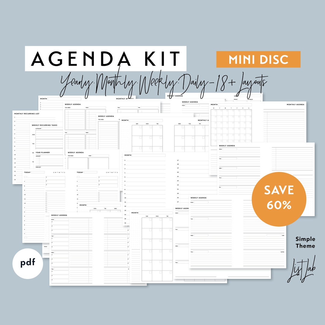 Mini Disc AGENDA KIT | Printable Minimalist Discbound Planner Inserts ...