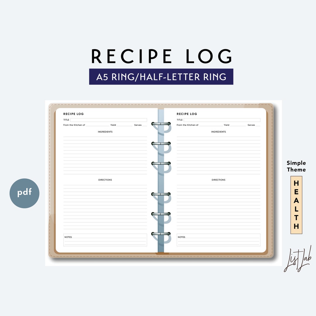 A5 and Half-letter RECIPE LOG | Printable Discbound Planner Insert Pdf ...