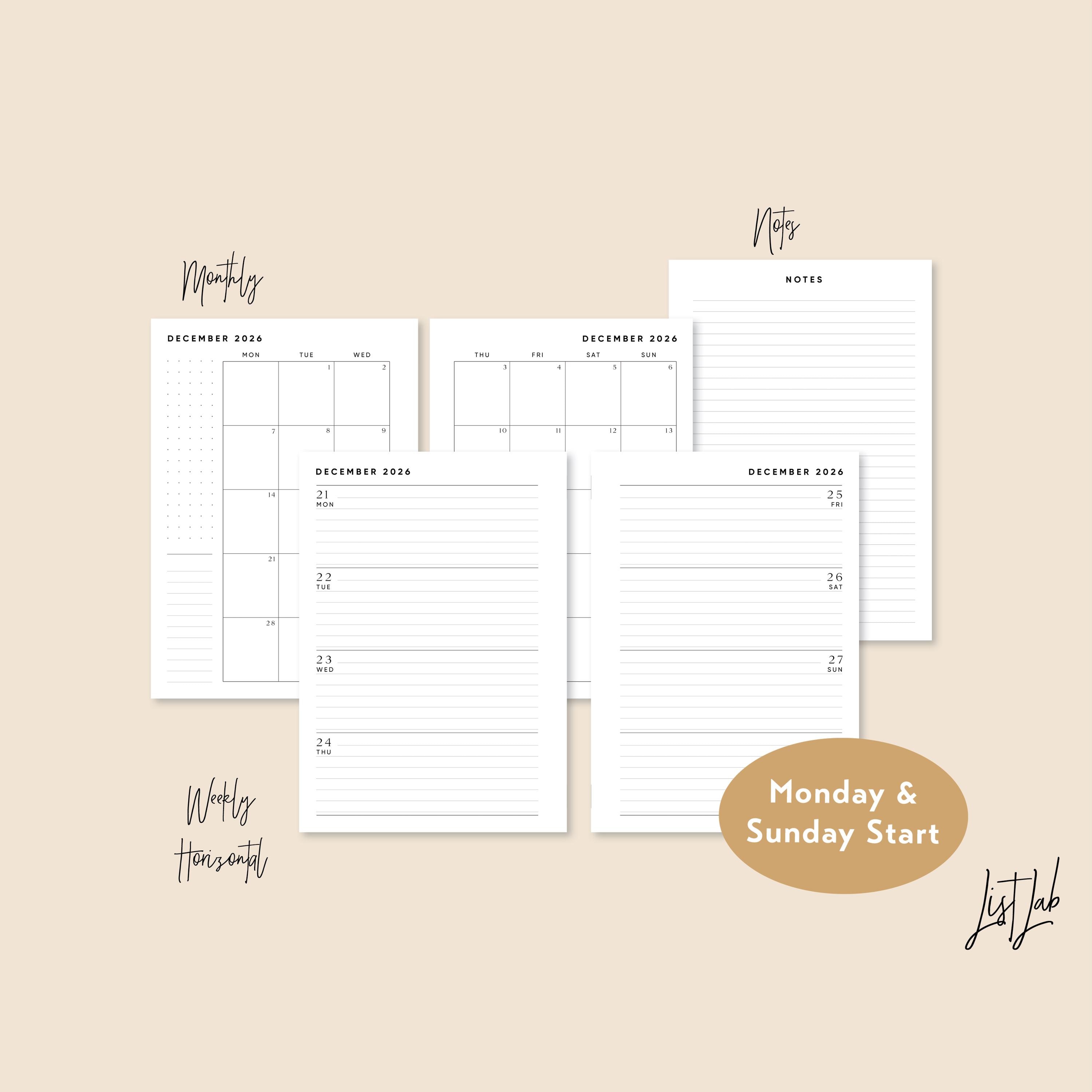 2026 Personal Wide Ring Yearly Monthly LINED Weekly Wo2p HORIZONTAL ...