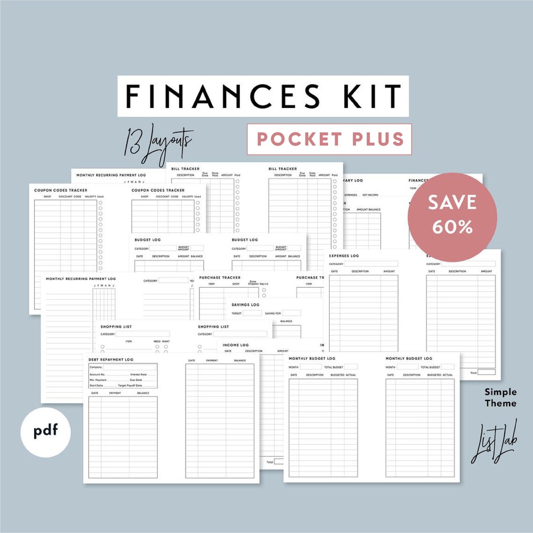 Pocket Plus FINANCES KIT | Printable Minimalist Ring Planner Inserts ...