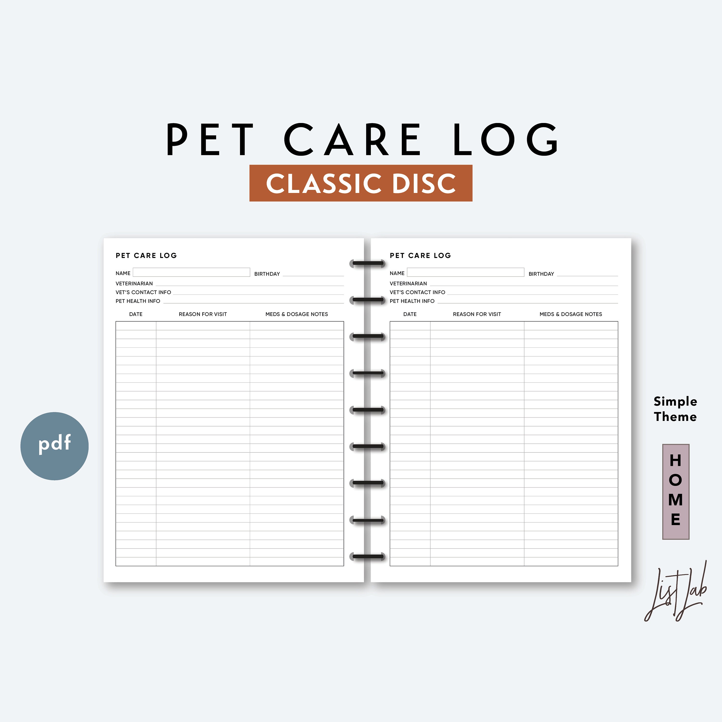 Classic Discbound PET CARE LOG Printable Ring Planner Insert pdf Simple ...