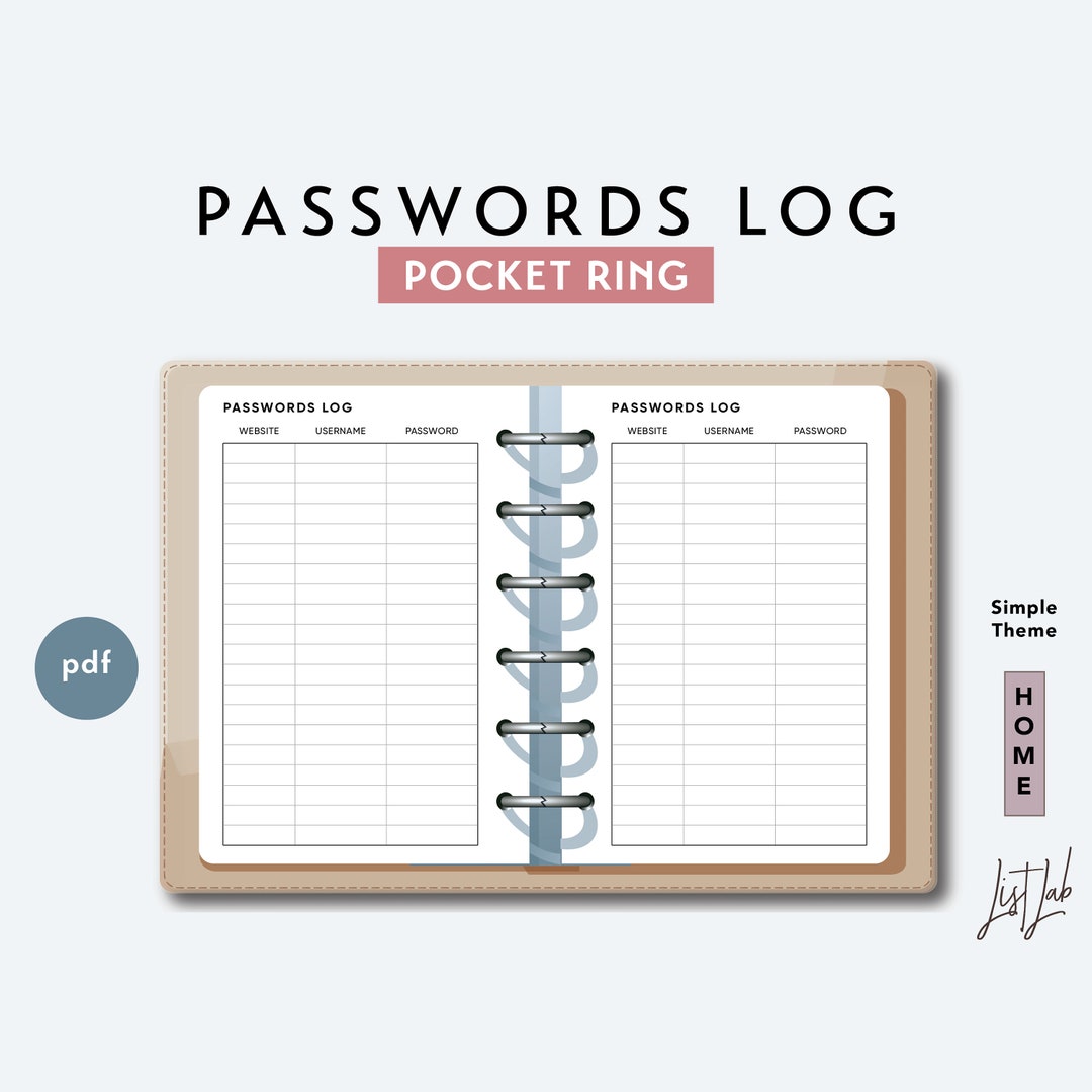 Pocket Ring PASSWORDS LOG | Printable Minimalist Ring Planner Insert ...