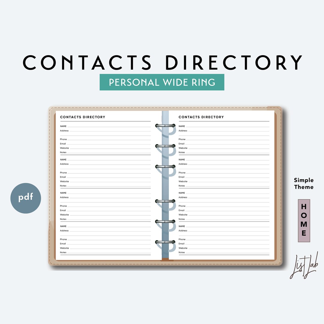 Personal Wide CONTACTS DIRECTORY - Printable Ring Planner Insert Pdf ...