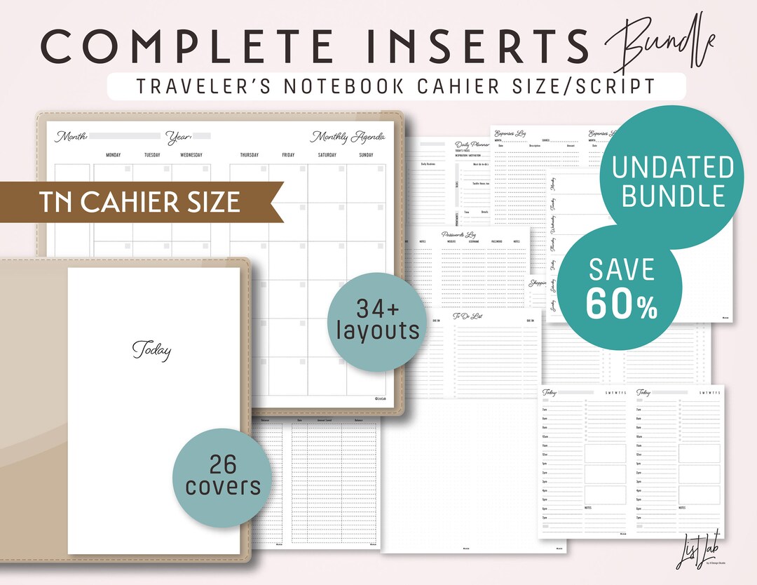 CAHIER Size Traveler's Notebook COMPLETE Inserts Bundle - Printable PDF ...